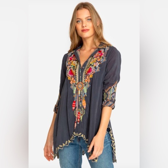 Johnny Was | Tops | Johnny Was Charcoal Tunic With Colorful Embroidery ...